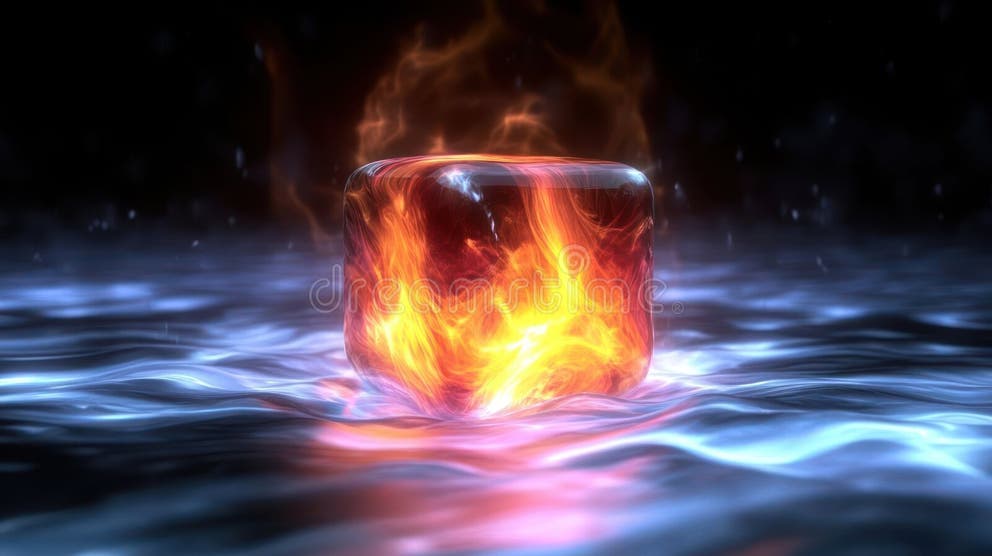 A Fiery Cube Floating on Water, Blending Elements of Fire and Ice in a ...