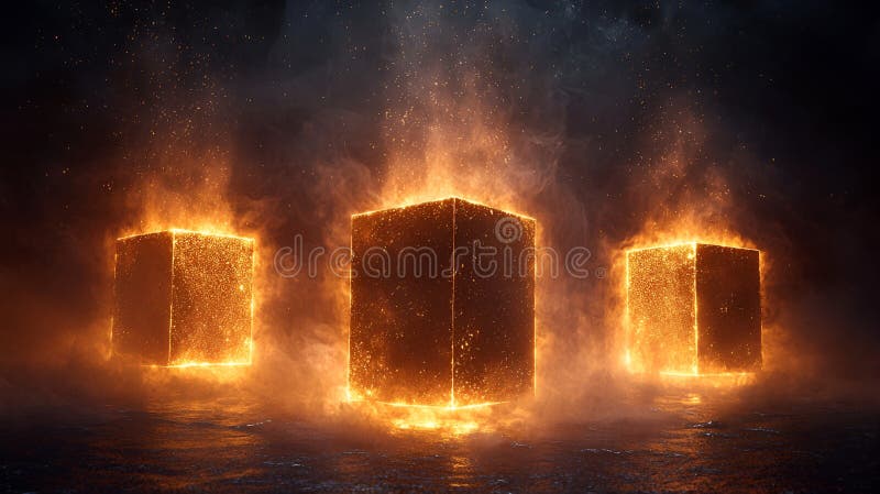 Fiery Cubes, Smoke, Dark Background Abstract Energy Concept Stock Photo ...