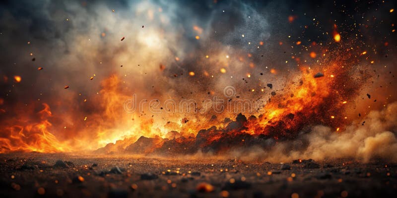 Fiery Debris Exploding Upward from a Burning Surface, Embers and Smoke ...
