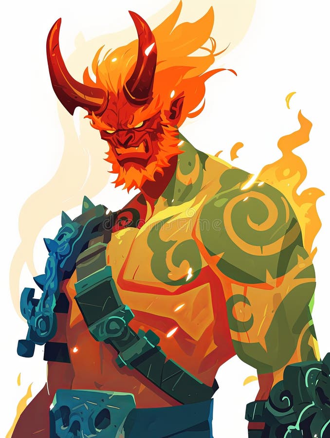 Fiery Demon Character Illustration with Horns, Tattoos, and Intense ...