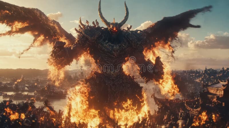 Fiery Demons Wrath a Colossal Horned Demon Casts Its Fiery Shadow Over ...