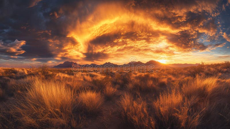 Fiery Desert Sunset Landscape Stock Illustration - Illustration of arid ...