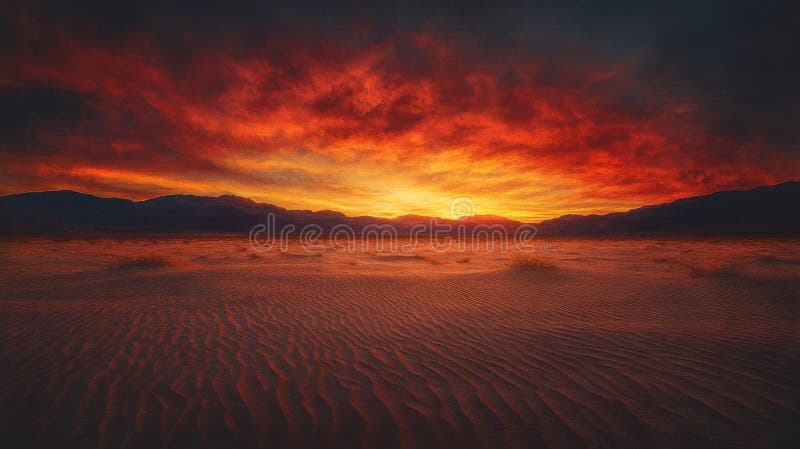 Fiery Desert Sunset Landscape with Red Sky and Clouds Stock ...