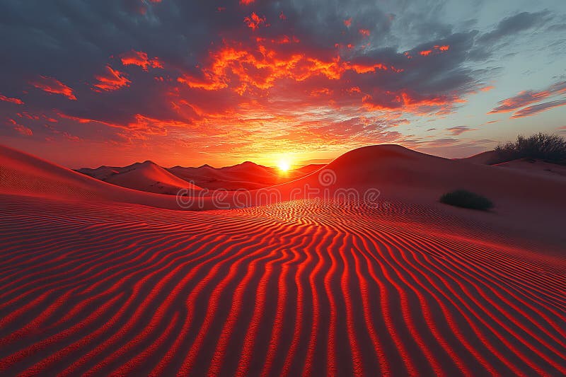 Fiery Desert Sunset Landscape with Sand Dunes and Dramatic Sky Stock ...