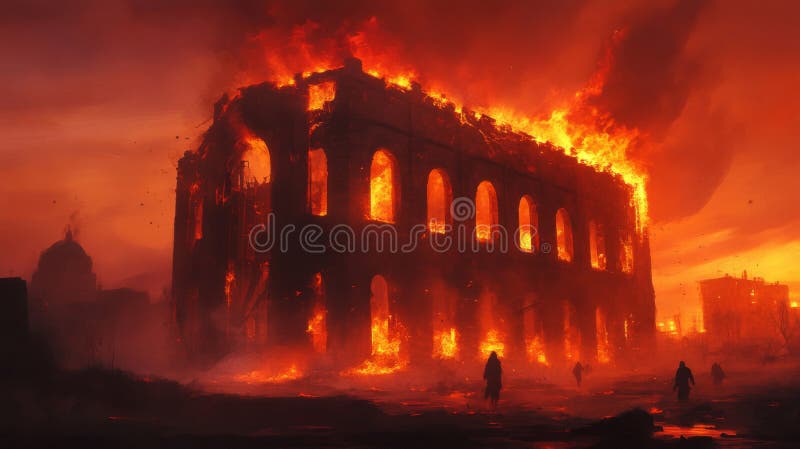 Fiery Destruction of a City Building at Night Stock Illustration ...