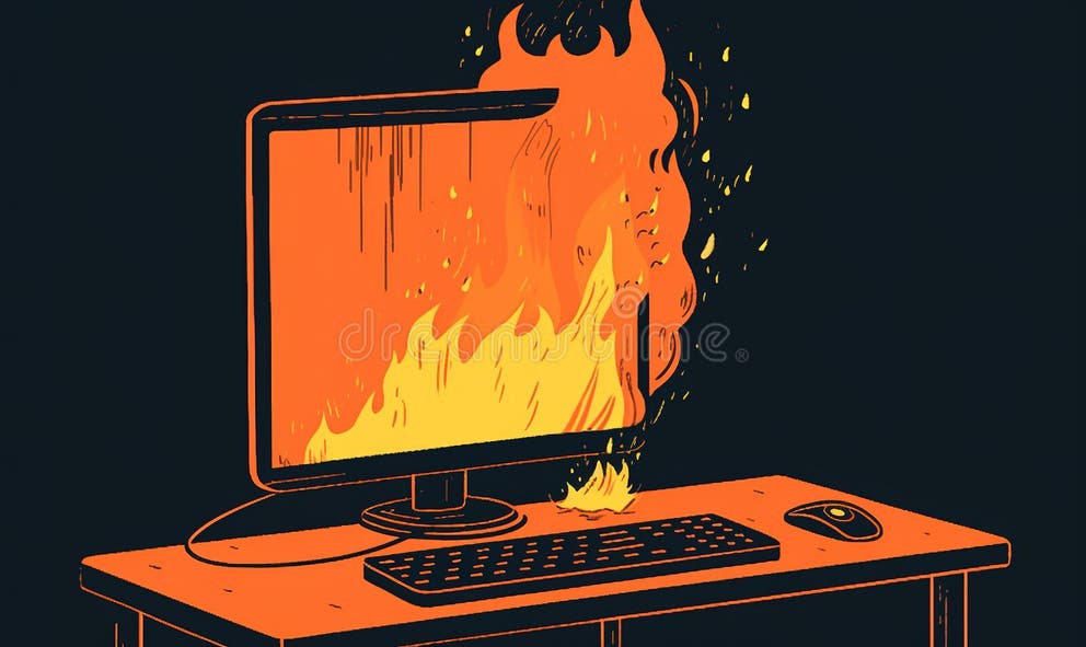The Fiery Destruction of a Computer in a Stunning Illustration Stock ...