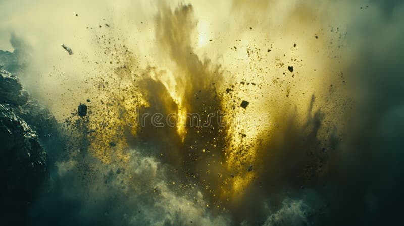 Fiery Destruction Explosion of Rock and Dust with Intense Light and ...