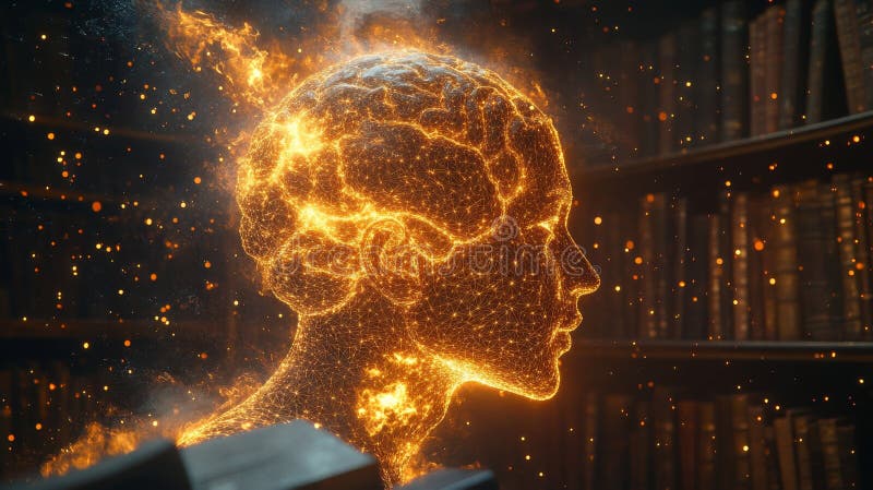 Fiery Digital Brain Concept in Futuristic Library Setting Stock ...