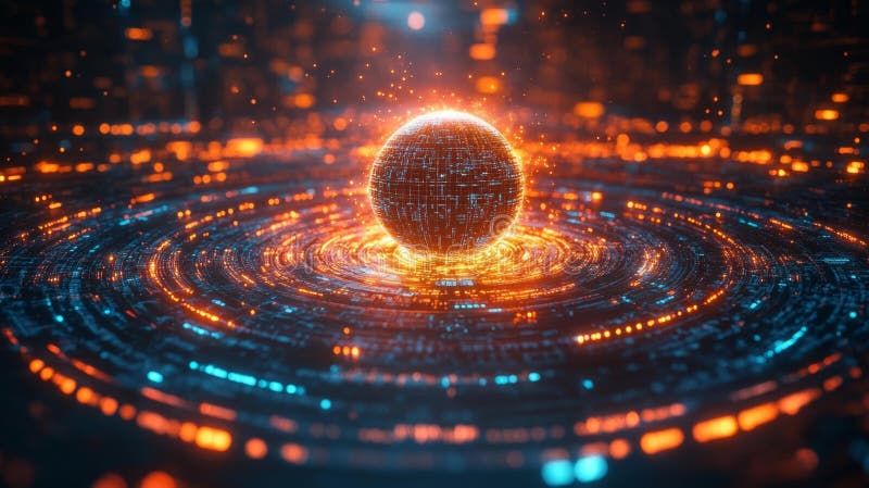 Fiery Digital Sphere on Dynamic Technological Background Stock ...