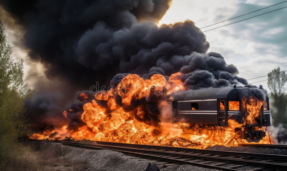 A Fiery Disaster Unleashed on the Rails Stock Illustration ...