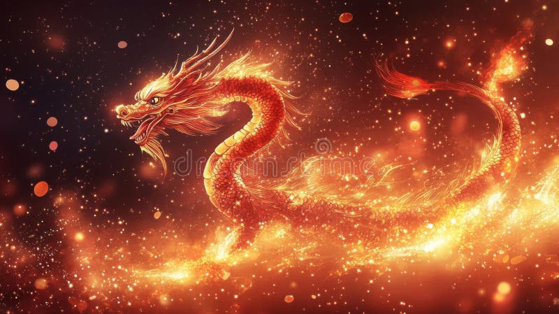 Fiery Dragon Ascending through Cosmic Dust Stock Illustration ...