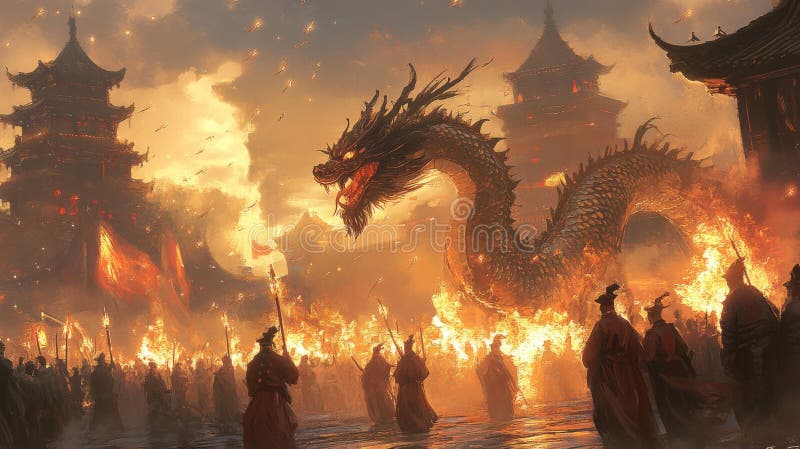 Fiery Dragon Ascends Amidst Ancient Chinese Temples Stock Illustration ...