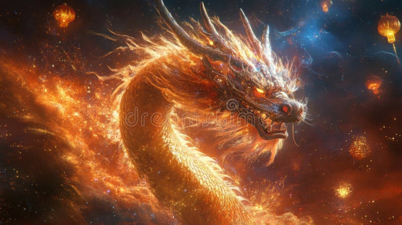 Fiery Dragon Ascends Amidst Celestial Lanterns Stock Illustration ...