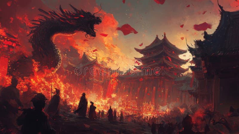 Fiery Dragon Attacking Ancient City at Night Stock Illustration ...