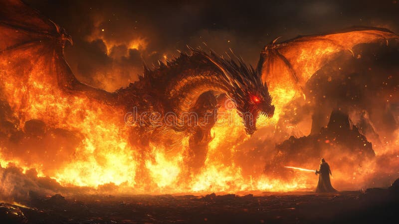Fiery Dragon Battle: a Fantasy Illustration Stock Illustration ...