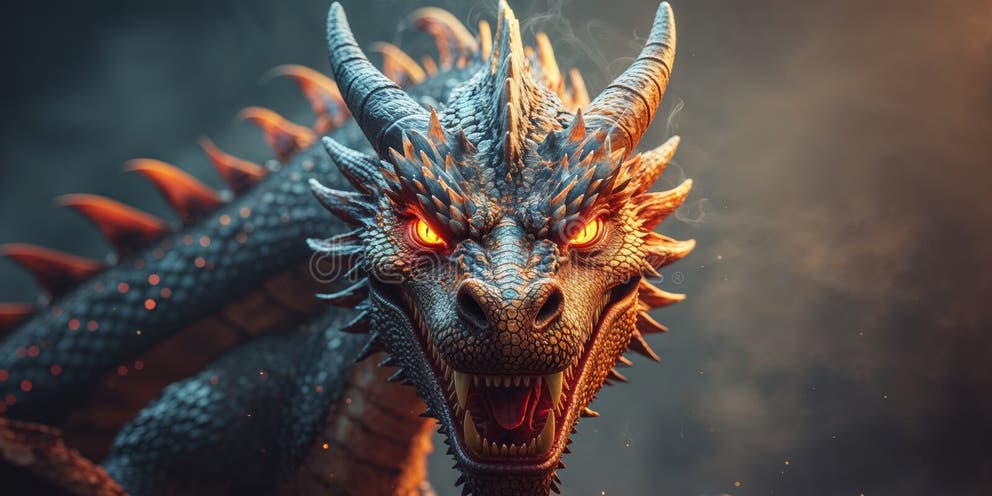 A Fiery Dragon Beast with Glowing Eyes and Sharp Fangs. Stock Photo ...