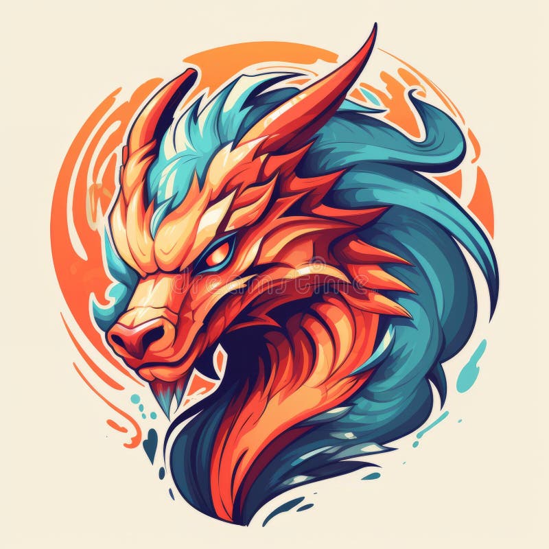 Fiery Dragon with Blue Mane, Intense Stare. Stock Illustration ...