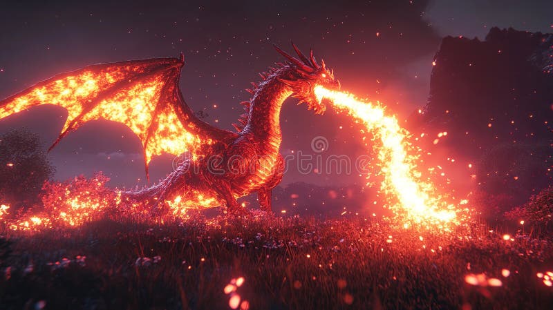 Fiery Dragon Breathing Fire in a Field at Night Stock Illustration ...