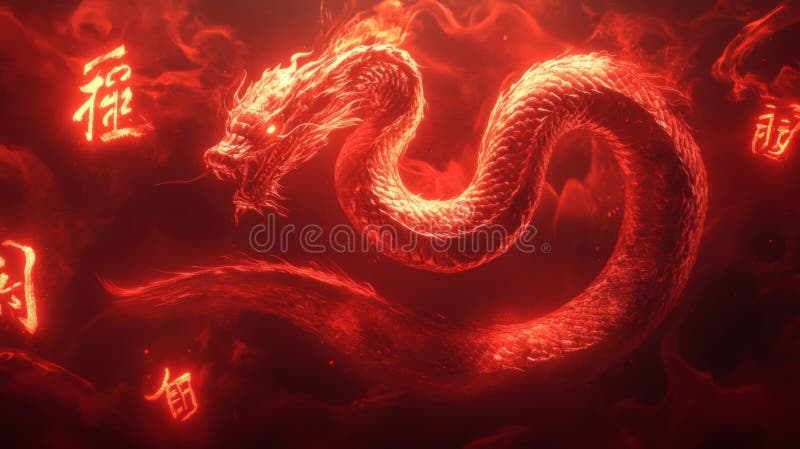 Fiery Dragon Coiled Amidst Red Smoke and Chinese Characters Stock ...