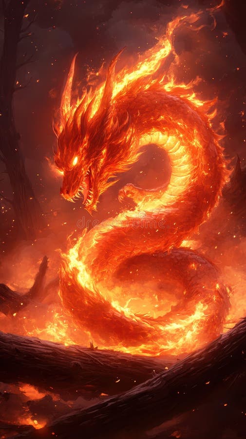 Fiery Dragon with Coiled Tail Surrounded by Flames Stock Illustration ...