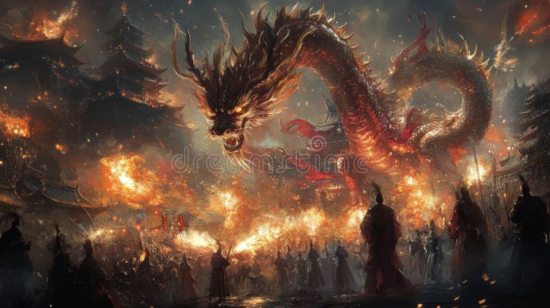 Fiery Dragon Descends upon Burning Cityscape Stock Illustration ...