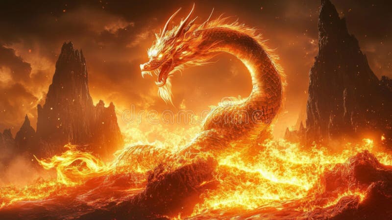 Fiery Dragon Emerging from Volcanic Inferno Stock Illustration ...