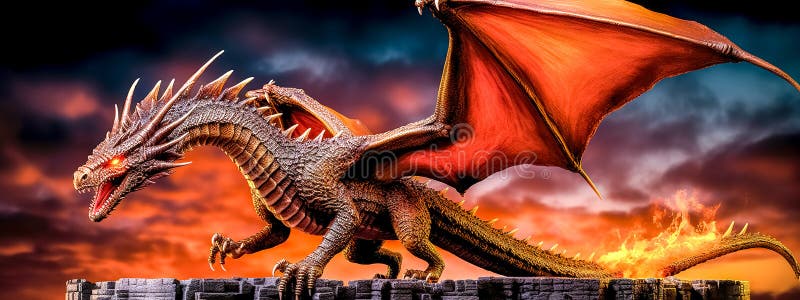 A Fiery Dragon with a Flaming Tail, Banner Stock Image - Image of ...