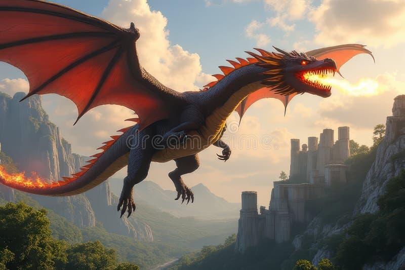 Fiery Dragon in Flight stock illustration. Illustration of flames ...