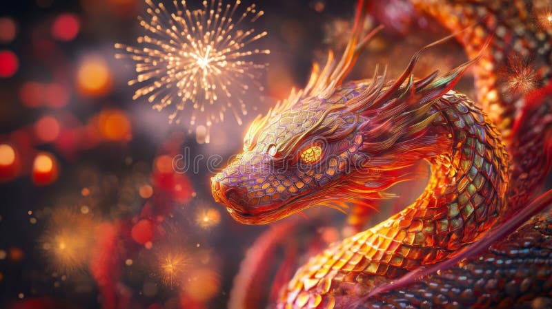 A Fiery Dragon with Golden Scales and a Fireworks Display Stock ...