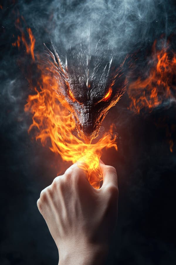 Fiery Dragon Head Emanates from Hand Surrounded by Smoke and Flames ...