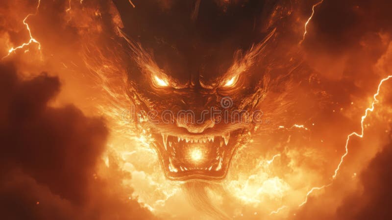 Fiery Dragon Head Emerging from Burning Clouds Stock Illustration ...