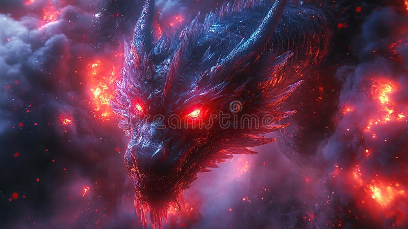 Fiery Dragon Head Emerging from Smoke and Fire Stock Illustration ...
