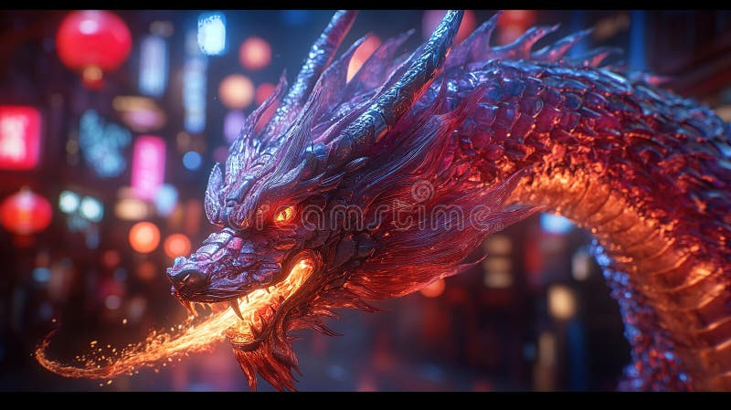 Fiery Dragon Head Over City Lights at Night Stock Illustration ...