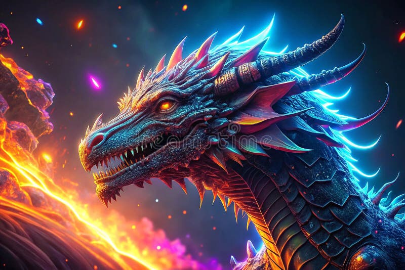Fiery Dragon Head Portrait, Fantasy Scene Stock Illustration ...