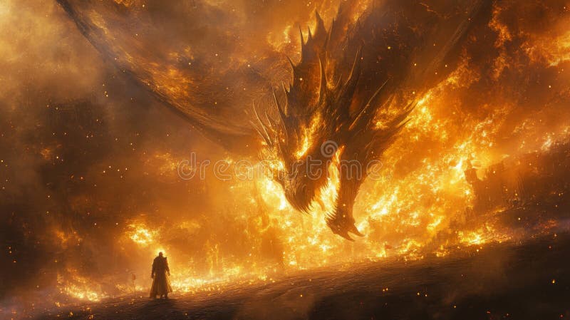 Fiery Dragon and Human Silhouette in a Dramatic Fantasy Scene Stock ...