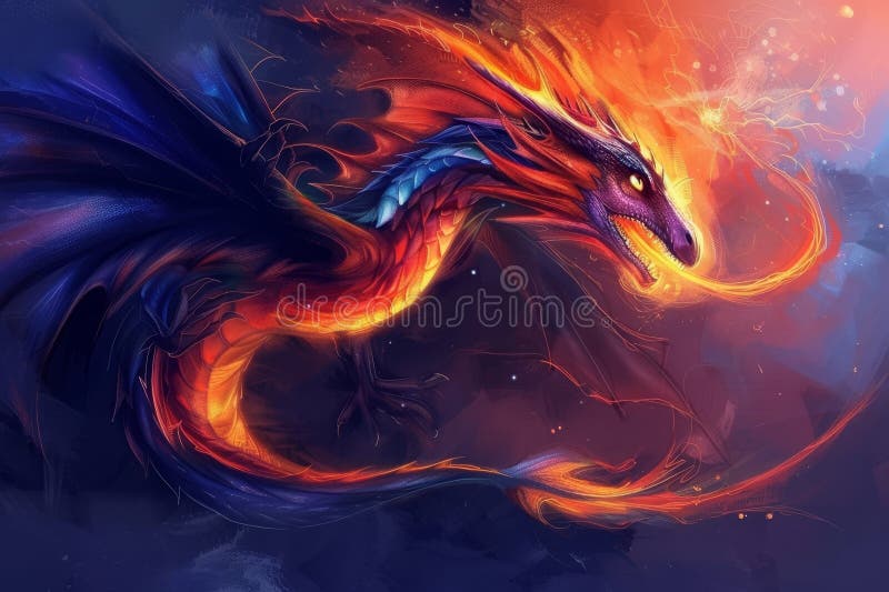 Fiery Dragon, a Mythical Fiery Creature in a Nebula of Crimson Flames ...