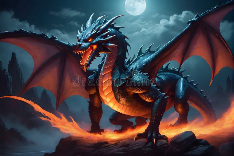 Fiery Dragon Roaring Under a Full Moon Stock Illustration ...