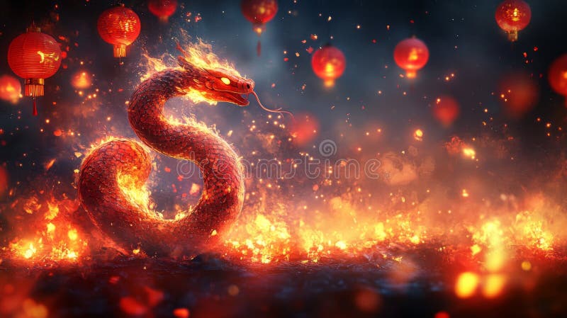 Fiery Dragon Snake Amidst Red Lanterns and Embers Stock Illustration ...