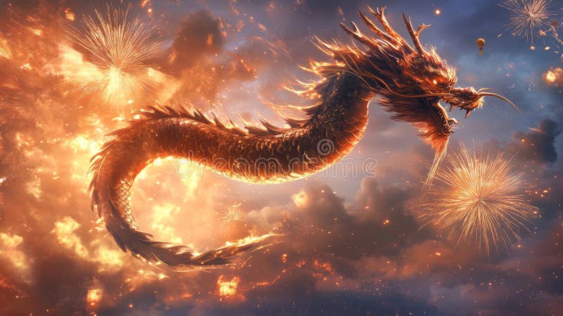 Fiery Dragon Soaring through Festive Fireworks Display Stock ...