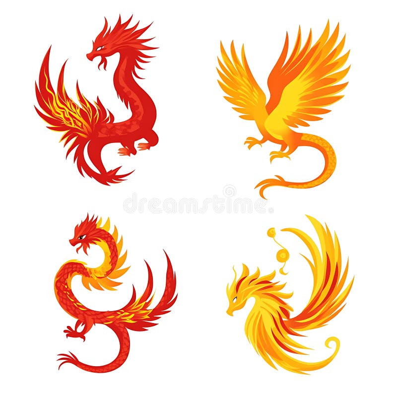 Fiery Dragons and Phoenixes Set of Four Mythical Creatures, Red and ...