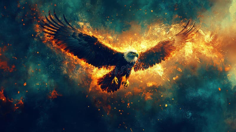Fiery Eagle in Flight Against Dark Background Stock Illustration ...