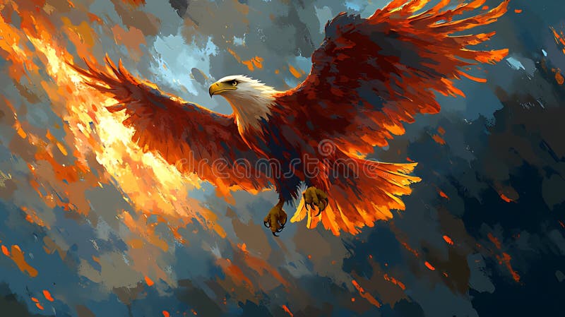Fiery Eagle in Flight, Wings Ablaze, Dramatic Sky Stock Illustration ...