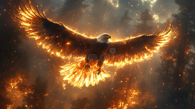 Fiery Eagle Soaring through a Burning Forest at Night Stock ...