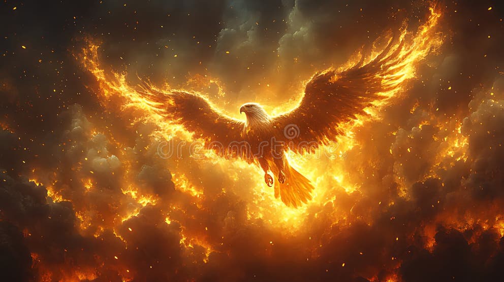 Fiery Eagle Soaring through Fiery Clouds, Wings Ablaze, Mythical ...
