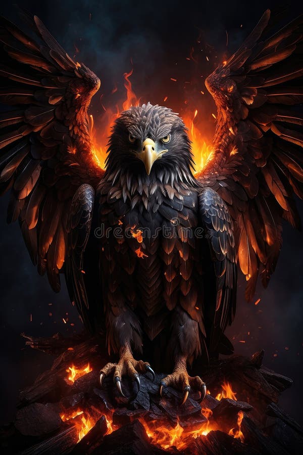 A Fiery Eagle with Spreading Wings Flying among the Flames in a Cloudy ...