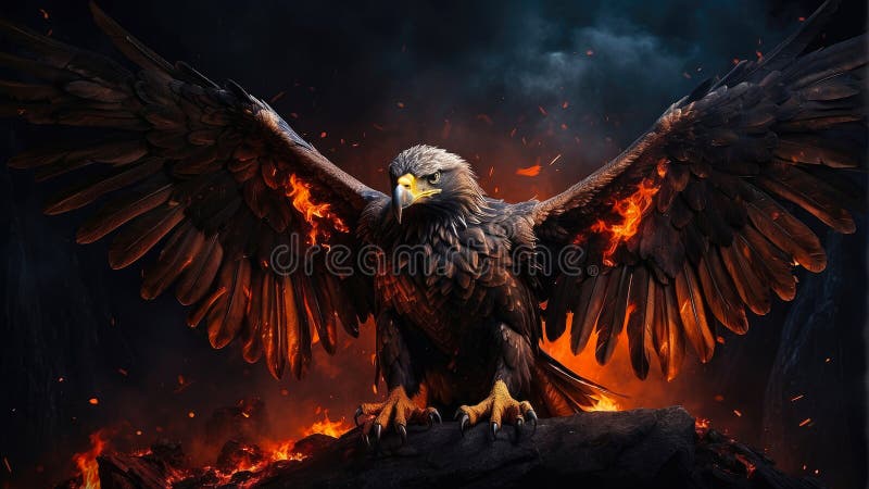 A Fiery Eagle with Spreading Wings Flying among the Flames in a Cloudy ...