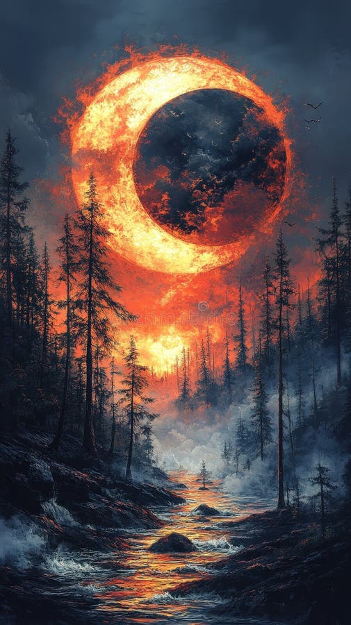 Fiery Eclipse Over Dramatic Forest Landscape in Digital Artwork Stock ...