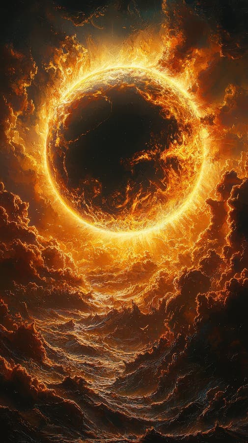 Fiery Eclipse Over Stormy Clouds, Dramatic Digital Art Stock Image ...