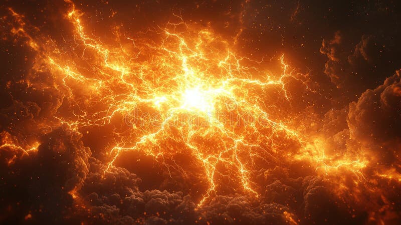 Fiery Electric Storm Illuminating the Dark Sky with Bright Orange and ...