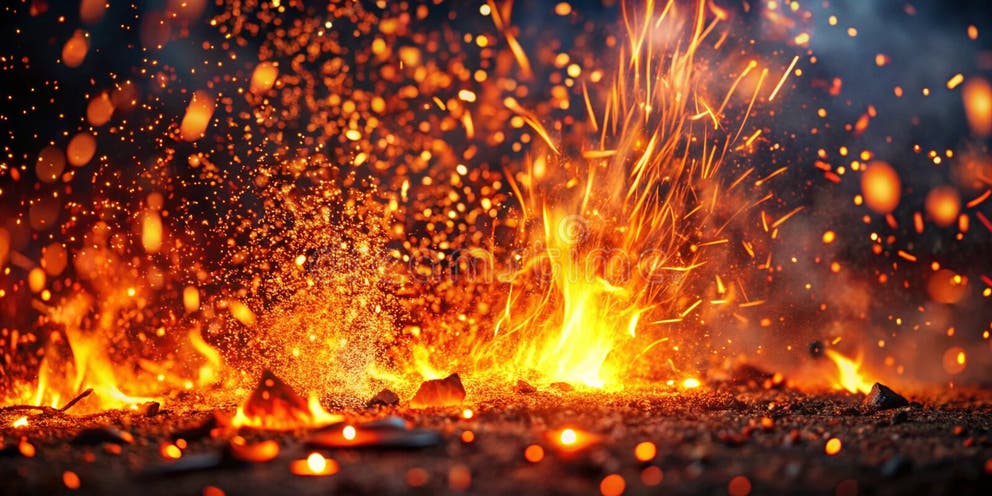 Fiery Embers and Sparks Over Dark Background Scene Stock Illustration ...